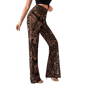 OYOANGLE Women's Bootcut High Waisted Yoga Pants Floral Print Wide Leg Pants Trousers Brown Floral M