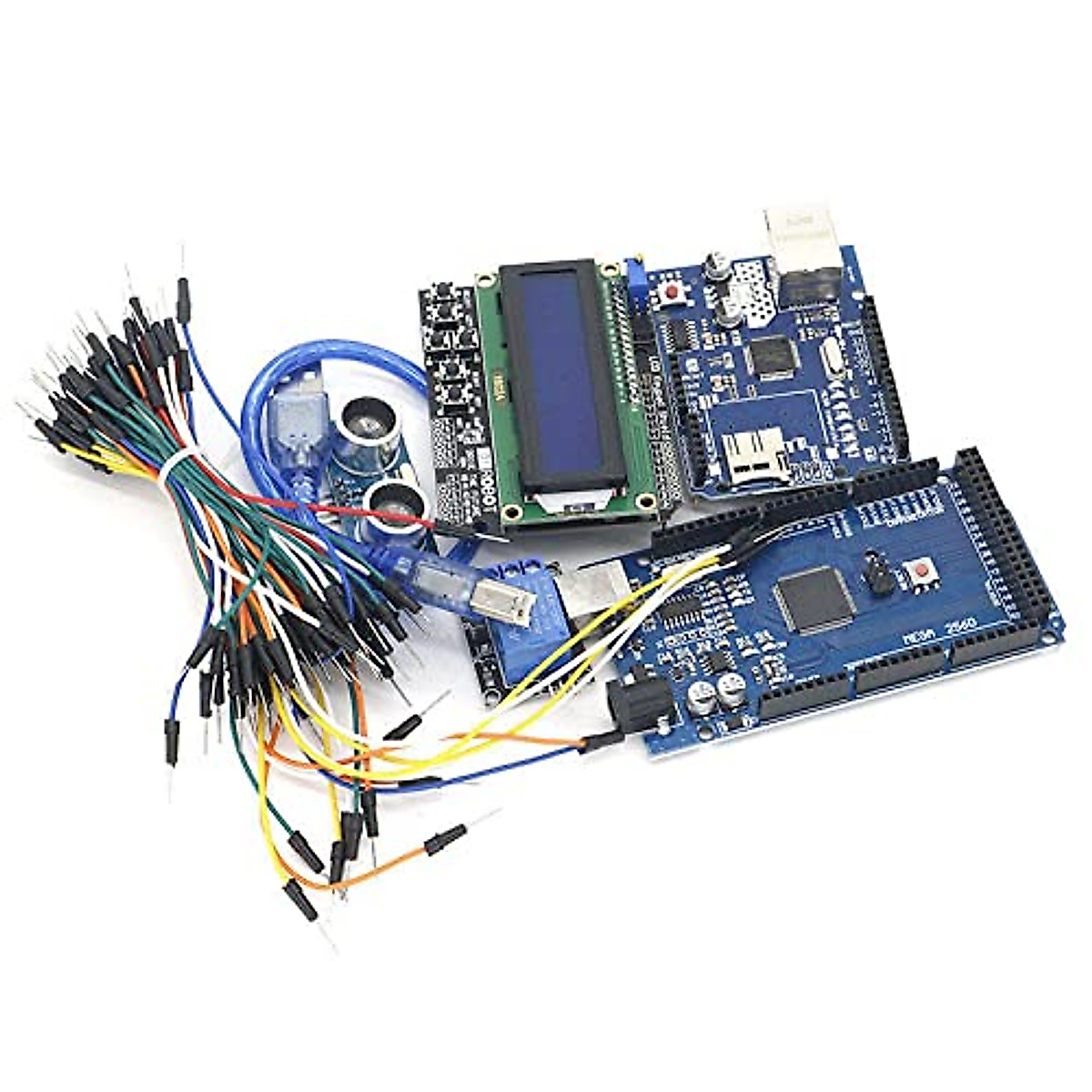 Mega 2560 r3 for arduino kit + HC-SR04 +breadboard Cable + Relay Module+ W5100 UNO Shield + LCD 1602 Keypad Shield