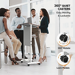 Bonnlo Mobile Stand Up Lectern Height Adjustable Podium with Wheels, Portable Heavy Duty Desk, Church Pulpit or Ceremony, Classroom Lecture Speech Teach Platform, Walnut Tabletop and White Steel Frame