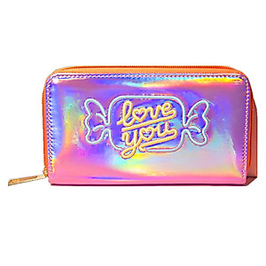 NC Slim Pink wallets for Girls Women, Cute Holographic Luminous Zipper Card Holder Cellphone Handbag Clutch Purse Wallet for Little Girls