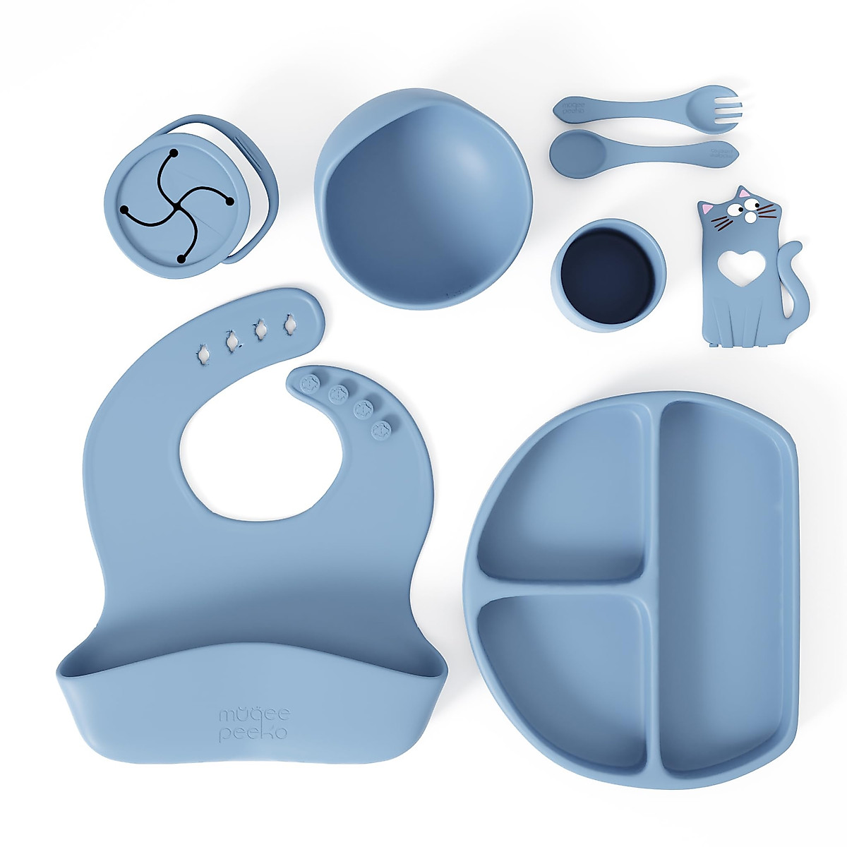 Muqee Peeko Carolina Blue Silicone Baby and Toddler Self-Eating Food Plates Set with Utensils (8 Piece Set)
