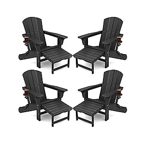 KINGYES Folding Adjustable Adirondack Chair with Retractable Ottoman Set of 4, HDPE All Weather Chair with Cup Holder - Versatile Adirondack Chair, Black