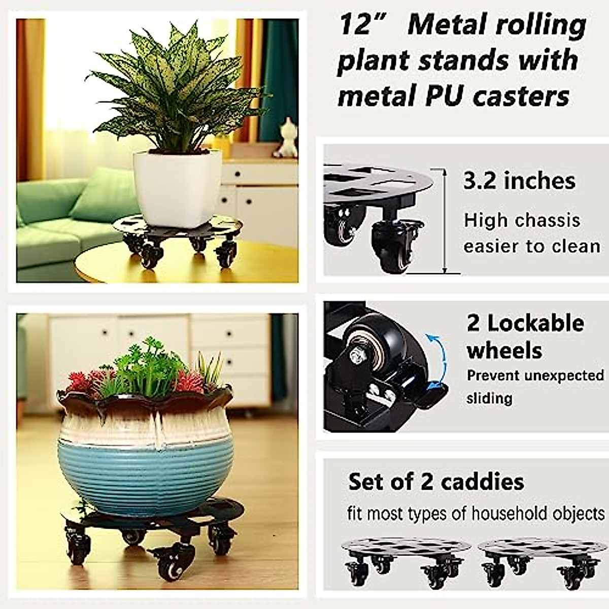 2 Packs Metal Plant Caddy with Wheels 12” Heavy-Duty Wrought Iron Rolling Plant Stands with Casters Indoor and Outdoor Plant Pot Roller Base Plant Saucer Movers Black, Strong Load Capacity