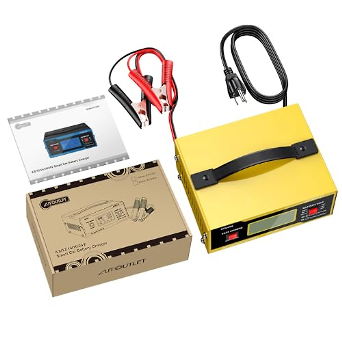 AUTOUTLET 6/8/12/14/16/24V Battery Charger Automotive Smart Car Battery Charger and Trickle Maintainer 0-10A Fully Automatic with Cable Clamps