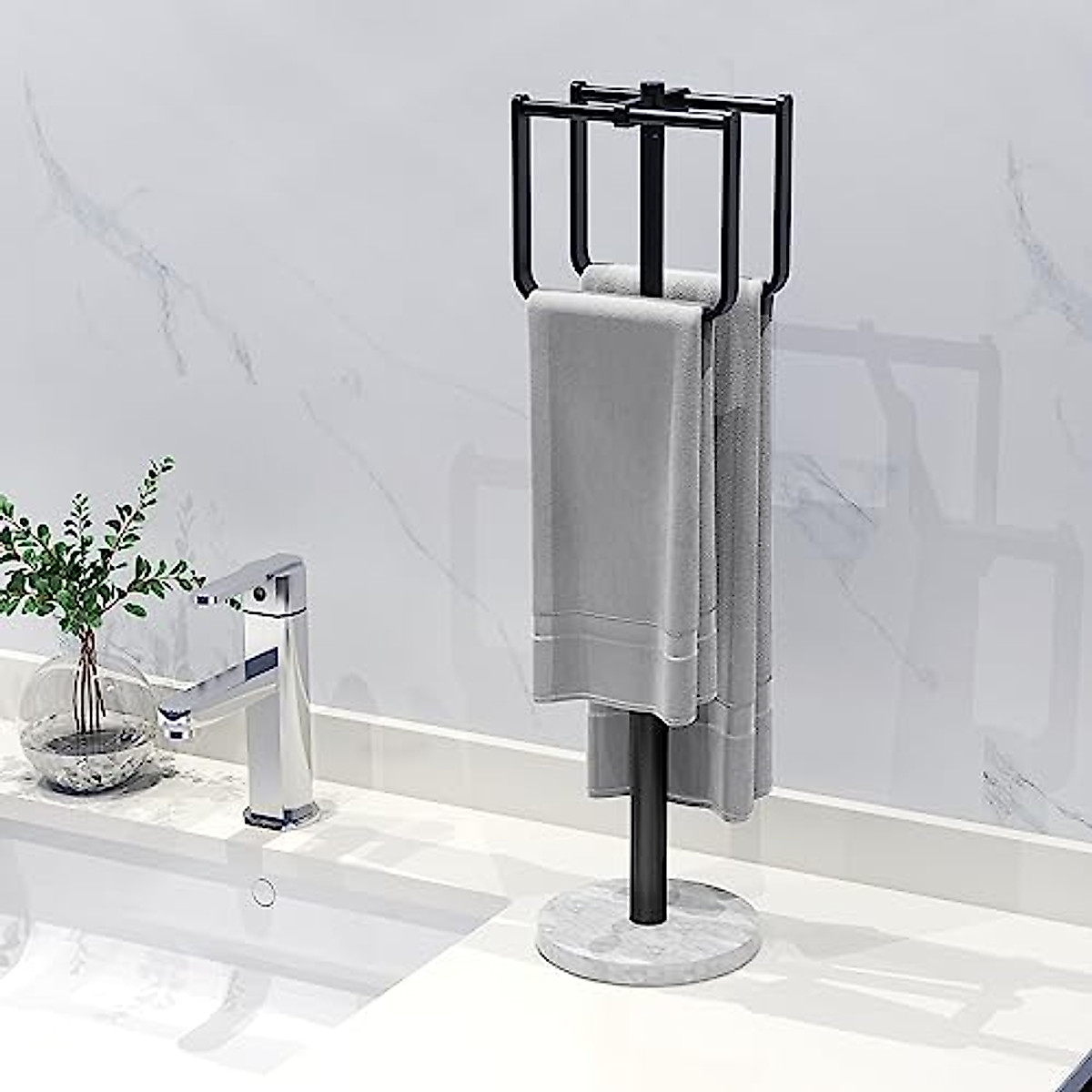 Marble Hand Towel Holder Stand with 2 Hanging Ring for Bathroom Kitchen Countertop, Stainless Steel Free-Standing Towel Rack with Marble Base, Matte Black
