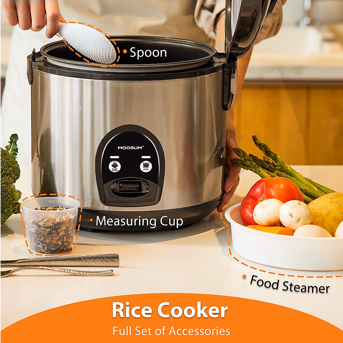 MOOSUM Electric Rice Cooker with One Touch for Asian Japanese Sushi Rice, 10-cup Uncooked, Fast&Convenient Cooker with Steamer, Removable Inner Cover and Auto Warmer, Silver