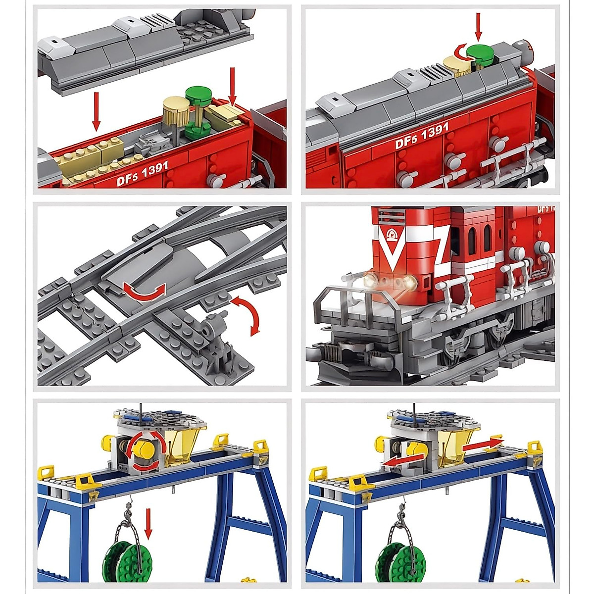 General Jim's Red Diesel Cargo Train Building Blocks Set - 1000+ Piece City Series with Automatic Running System, Railway Tracks, and Truck - Compatible with Major Brick Building Brands