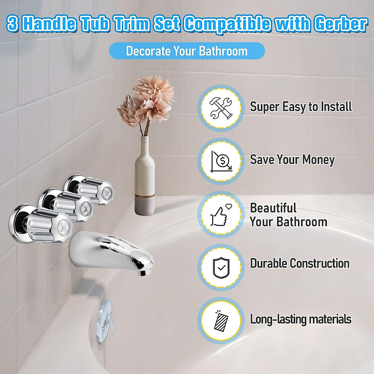 Enhon Faucet Handles, 3 Handle Tub Trim Set Compatible with Gerber Faucet Knob Handle Bathtub Shower Faucet Handle Remodel Trim Kit Include 1 Hot 1 Cold 1 Diverter, and 3 Adapters (16 Point Broach)