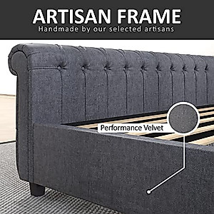 AMERLIFE Queen Size Platform Bed Frame, Velvet Upholstered Sleigh Bed with Scroll Wingback Headboard & Footboard/Button Tufted/No Box Spring Required/Grey