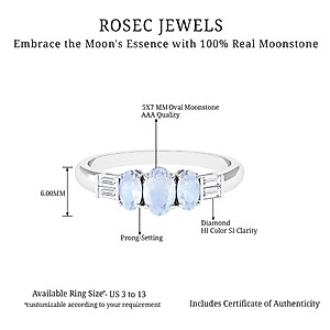 Rosec Jewels Moonstone Oval Cut Three Stone Ring with Diamond, Aaa Quality, 14K White Gold, Size:US 6.00