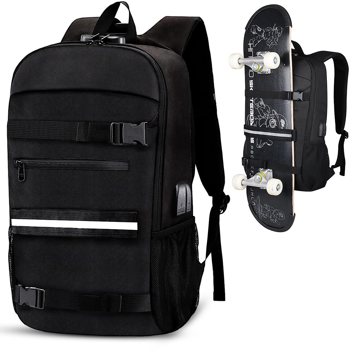 Simbow Skateboard Backpack, Laptop Backpack Rucksack w/ USB Charging Port,Anti-Theft Lock,Water Resistant,Fits up to 15.6-17Inch Laptop, for College School Business Travel Men Boy