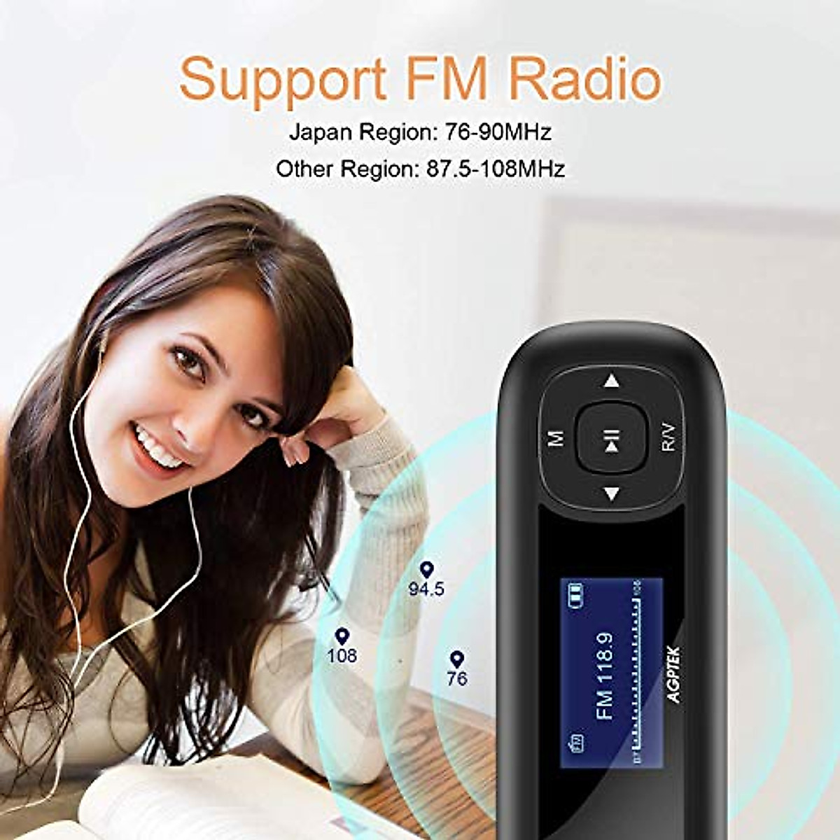 AGPTEK U3 USB Stick Mp3 Player, 8GB Music Player Supports Replaceable AAA Battery, Recording, FM Radio, Expandable Up to 64GB, Black