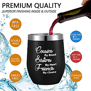 Patelai Cousin Gifts For Women Cousin Wine Tumbler Sisters by Heart Friends by Choice Coffee Mug, Christmas Mug Tumbler for Cousins, 12 oz Vacuum Insulated Wine Tumbler with Gift Box (Black)