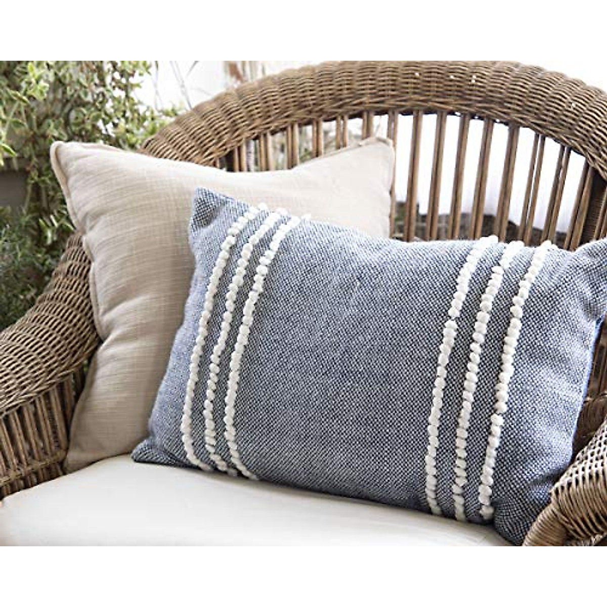 Foreside Home & Garden FIPL09784 Blue Decorative Hand Woven 14x22 Outdoor Throw Pillow with Pulled Curly Yarn Accents