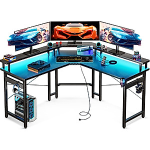 ODK L Shaped Gaming Desk with LED Lights & Power Outlets, 50.8" Computer Desk with Full Monitor Stand, Corner Desk with Cup Holder, Gaming Table with Hooks, Black Carbon Fiber