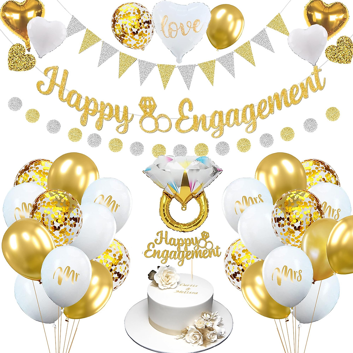 BANBALLON Engagement Party Decorations Gold and White Banner Balloons Cake Toppers Mrs and Mr Balloons Decorations for Engagement Theme Party Wedding Bridal Party Decorations Supplies (Style 01)