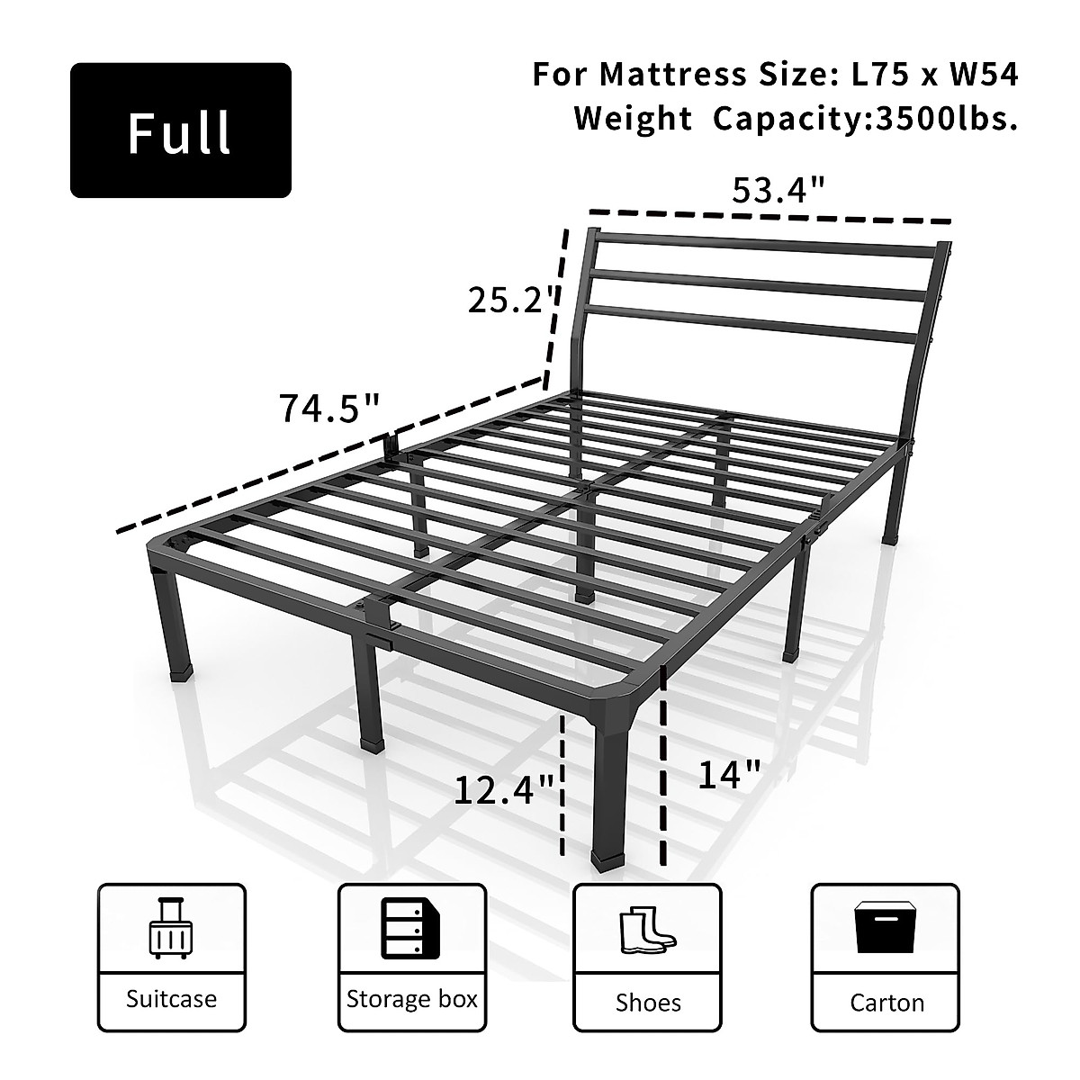 ROIL Full Size Metal Bed Frame with Headboard, 14inch Black Heavy Duty Platform with Steel Slats Support and Mattress Stoppers, 3500LBS No Box Spring Needed, Easy Assembly Noise-Free