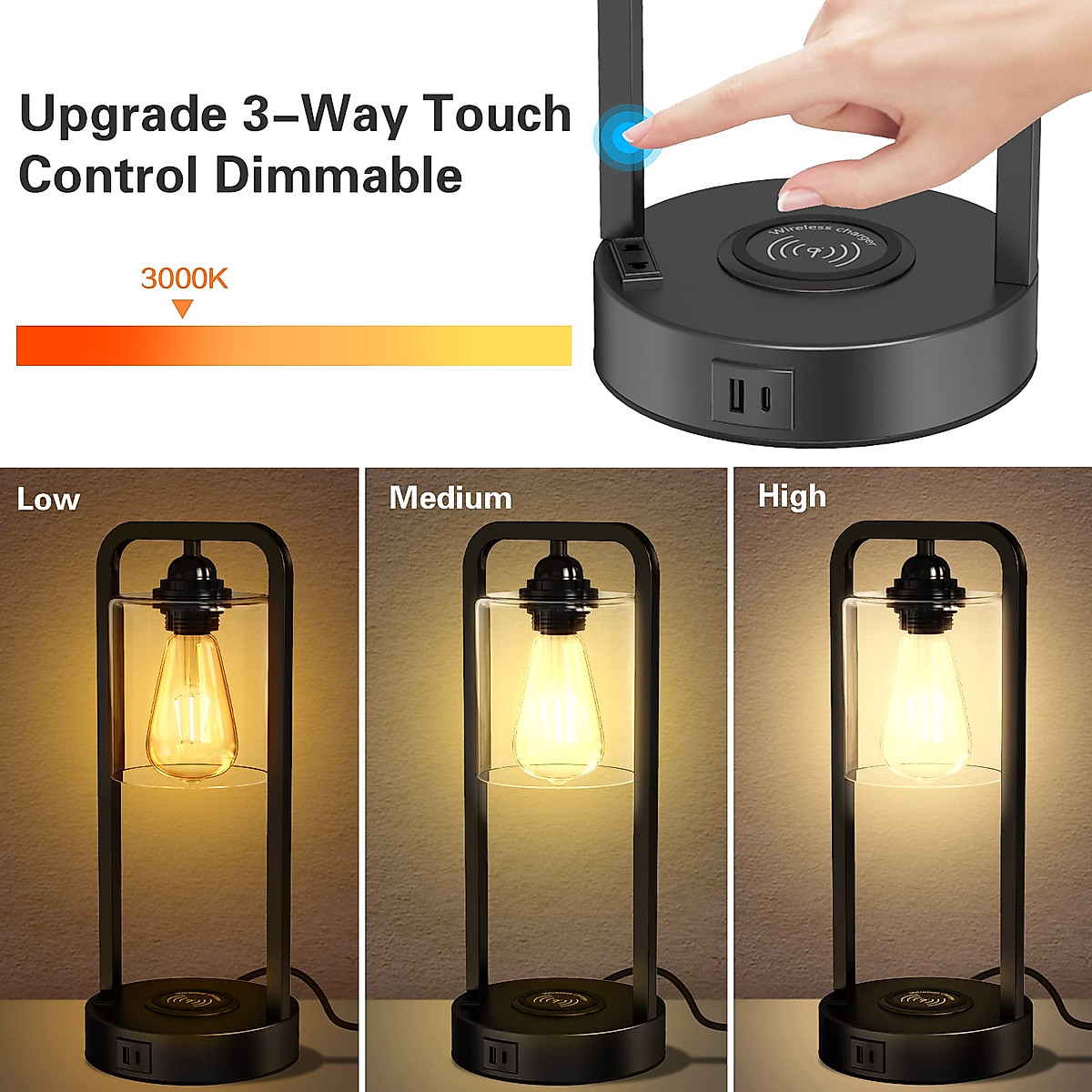 Wireless Charging Table Lamp Set of 2, Touch Control Dimmable Bedside Nightstand Lamps with Type C USB Port + AC Outlet, Glass Shade Desk Lamps Industrial Table Lamps for Bedroom, 6W Bulbs Included