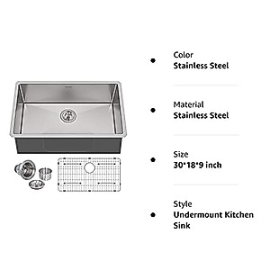 Hykolity 30-inch Undermount Kitchen Sink, 16 Gauge Single Bowl Stainless Steel Kitchen Sink with Strainer & Bottom Grid, 30" x 18" x 9"