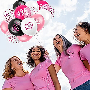 Grehge ces Pink Ribbon Latex Balloons Breast Cancer Awareness Balloons Transparent Confetti Glitter Balloons Set Printed Balloons with Ribbons for Charity Fundraiser Party Supplies, 8 Designs