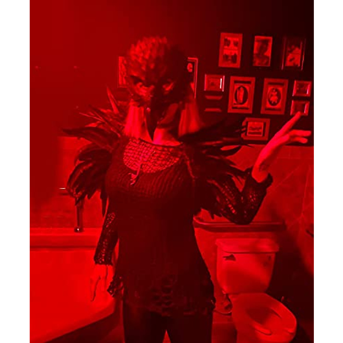 L'VOW Black Feather Shrug Cape Shoulder Wrap Lace Collar Halloween Costumes for Women (Black -001)