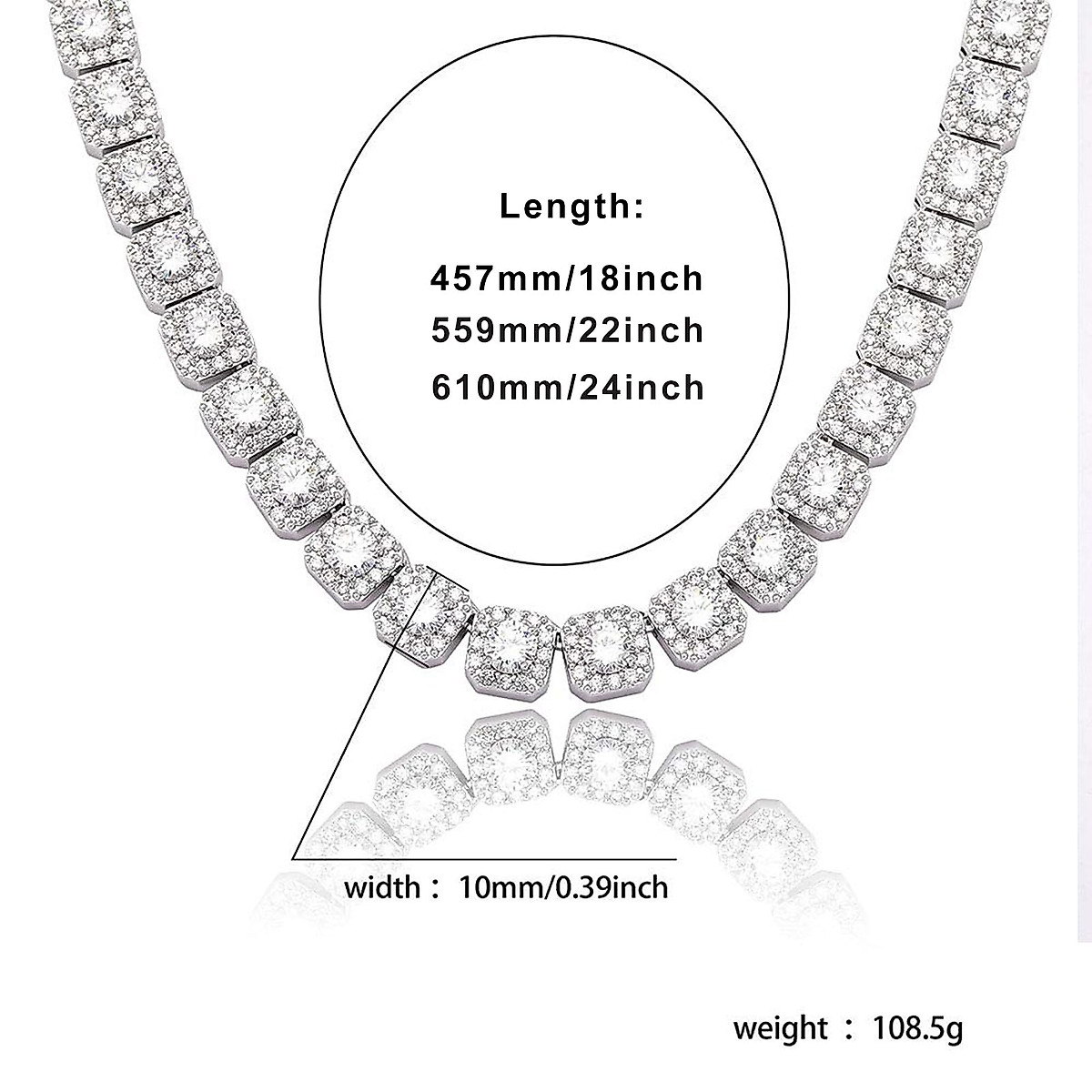 JINAO 10mm Silver Cluster Iced Out Jumbo Tennis Necklace Chain 18k Gold Plated Iced Out Cubic Zirconia Lab Simulated Diamond Square Halo Necklace Tennis Link Chain for Men Women (White Gold, 22)