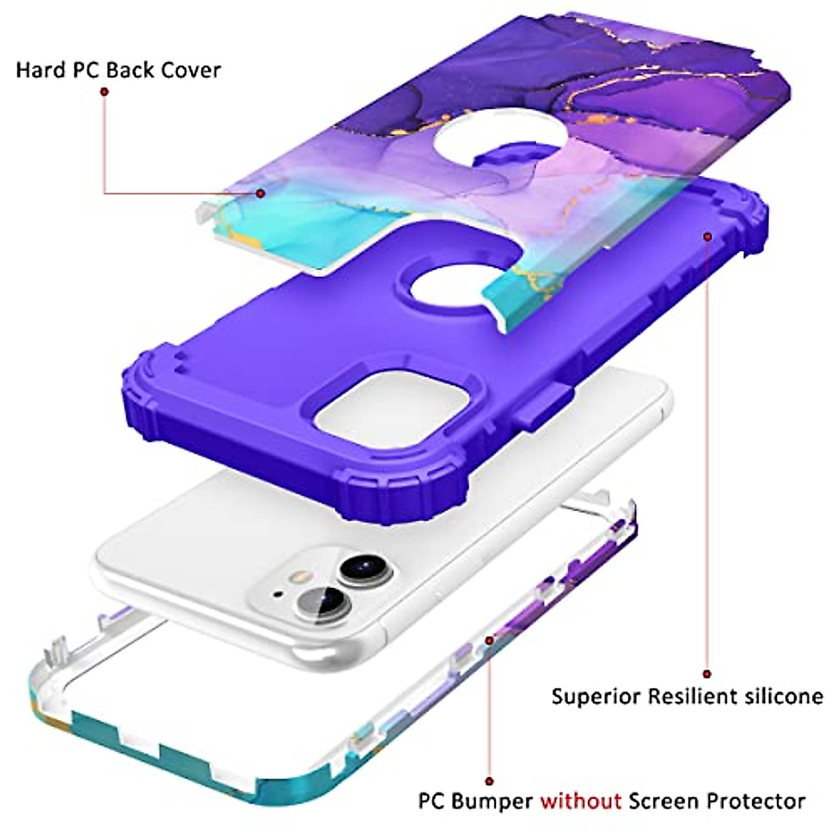 ZHOGTNEG for iPhone 11 6.1 inch case with 2pcs Tempered Screen Protector+1Pcs Len Camara Protector, Heavy Duty Shockproof Full-Body Protective Sturdy Hybrid Marble Case for Women,Girls,Kids