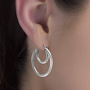 Mia Sarine 925 Sterling Silver 30mm Double Loop Crescent Lightweight Tube Hoop Earrings for Women White