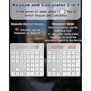 Bluetooth Number Pad with Calculator - Bluetooth + 2.4G Wireless Numeric Keypad Slim 34-Key Portable External Numpad Keyboard Data Entry & Calculate 2 in 1 for Laptop MacBook
