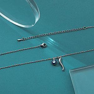 TGOLM Dainty Blue Evil Eye Charm Horn Pendant Necklace for Women's Spiritual Protection Jewelry White Gold Plated