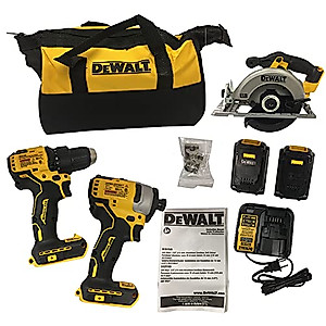 DEWALT Atomic 20V MAX Cordless Brushless Combo Kit 3 Tools: 1/2 in Drill/Driver + 1/4 in Impact Driver + 6-1/2" Circular Saw + Charger + 2 Packs 1.3 Ah Batteries + Bag