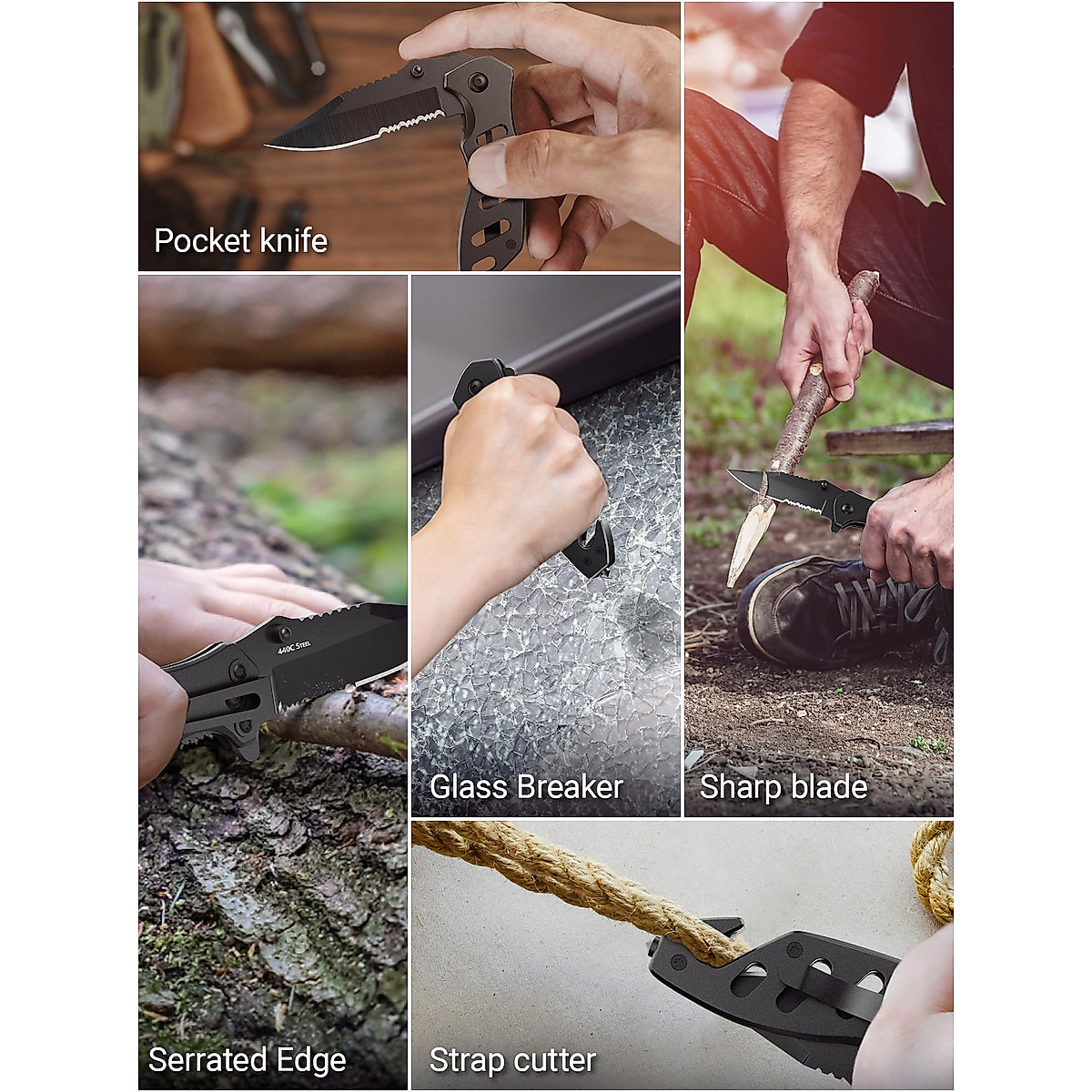 Tactical Legal Knife for Men Women - 2.68 Inch Serrated Blade Small Black Pocket Knife with Glass Breaker Seatbelt Cutter - Cool Folding Knives for Camping Work EDC - Mens Birthday Gift Ideas 6655 B