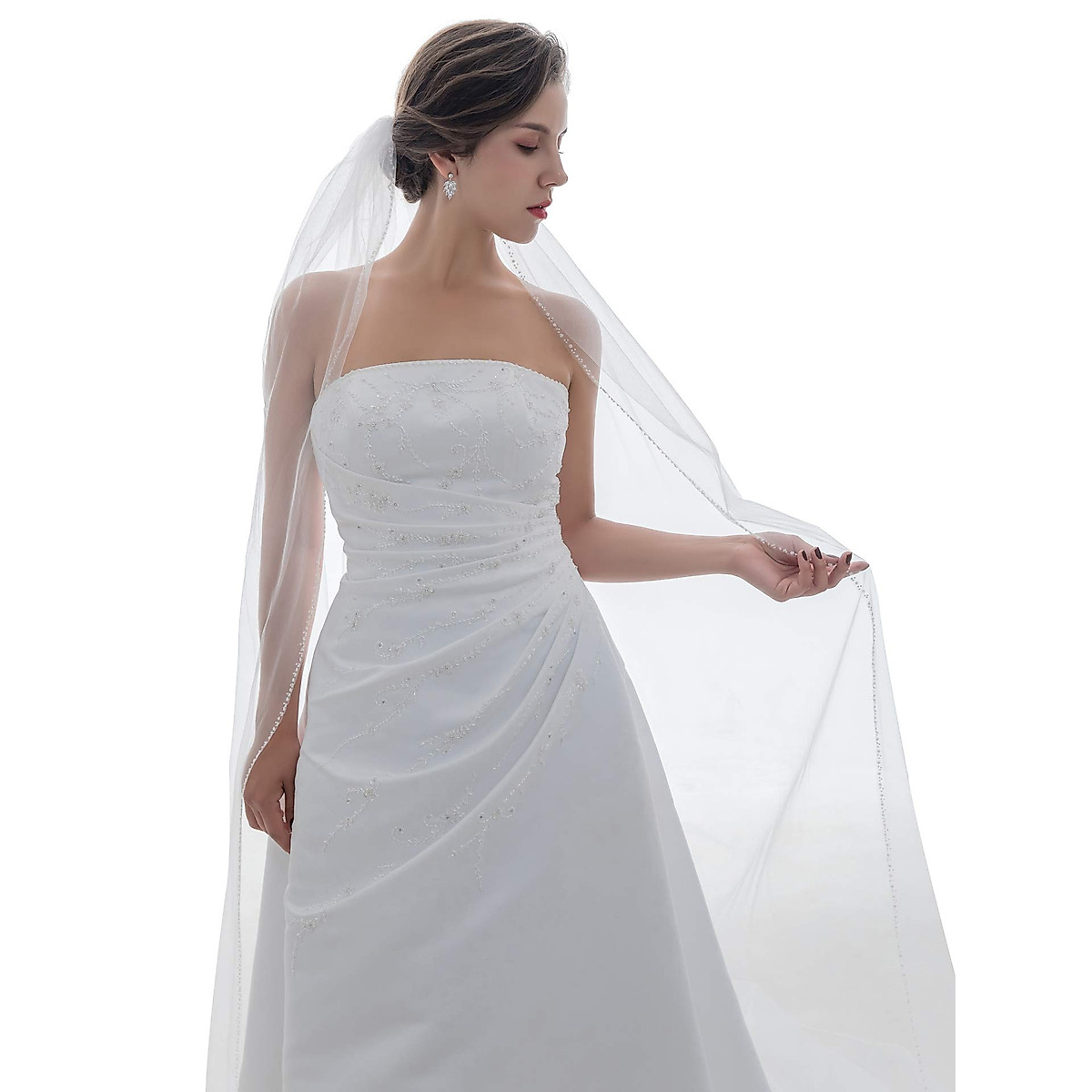 SAMKY 1T 1 Tier Beaded Edge Wedding Veil - White Cathedral Length 108" V119