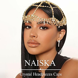 NAISKA 1920s Headpieces Rhinestone Mesh Cap Gold Headchain Wedding Head Accessories Crystal Headband Brides Prom Costume Head Chain Vintage Style Festival Halloween Prom Costume Hair Accessories