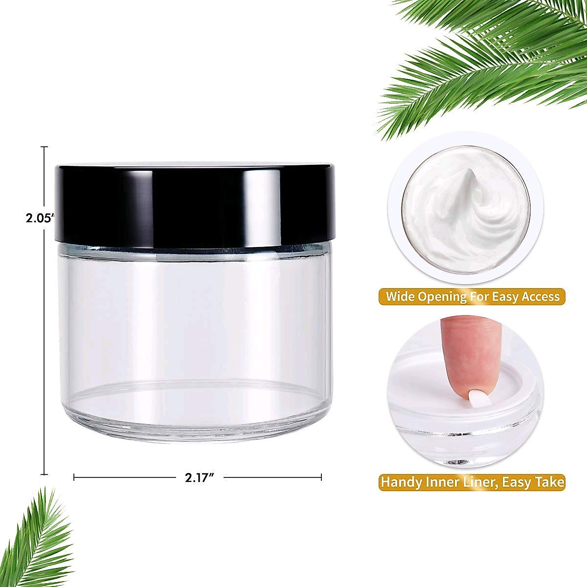 2oz Glass Jars with Lids(24 Pack), Eternal Moment Round Glass Jars with Inner Liners and Black Lids, Empty Cosmetic Containers for Creams, Powders, Balms,and Aromatherapy