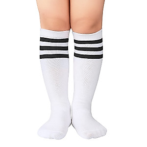 American Trends Kids Toddler Soccer Socks Knee High Tube long Socks Three Stripes Cotton Uniform Sports Socks for Child Boys Girls 1 Pack White Black 6-9 Years