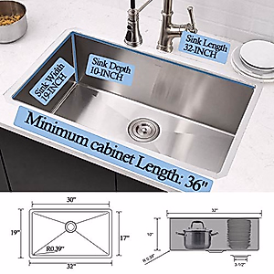 APPASO 32-Inch Single Bowl Kitchen Sink Undermount, 16-Gauge Stainless Steel 10-Inch Deep Commercial Handmade Large Drop-in Kitchen Sink, Undermount Kitchen SInk 32 inch, HS3219