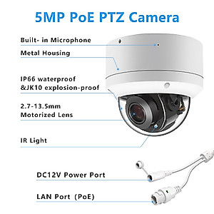 Inwerang Security 5.0MP H.265 POE IP PTZ Camera, 5X 2.7-13.5mm AF Lens, IP66 Waterproof Outdoor/Indoor Vandalproof Network Dome Camera, Audio in, 98ft Night Vision