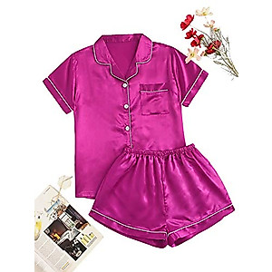 SweatyRocks Women's Short Sleeve Sleepwear Button Down Satin 2 Piece Pajama Set Hot Pink Small