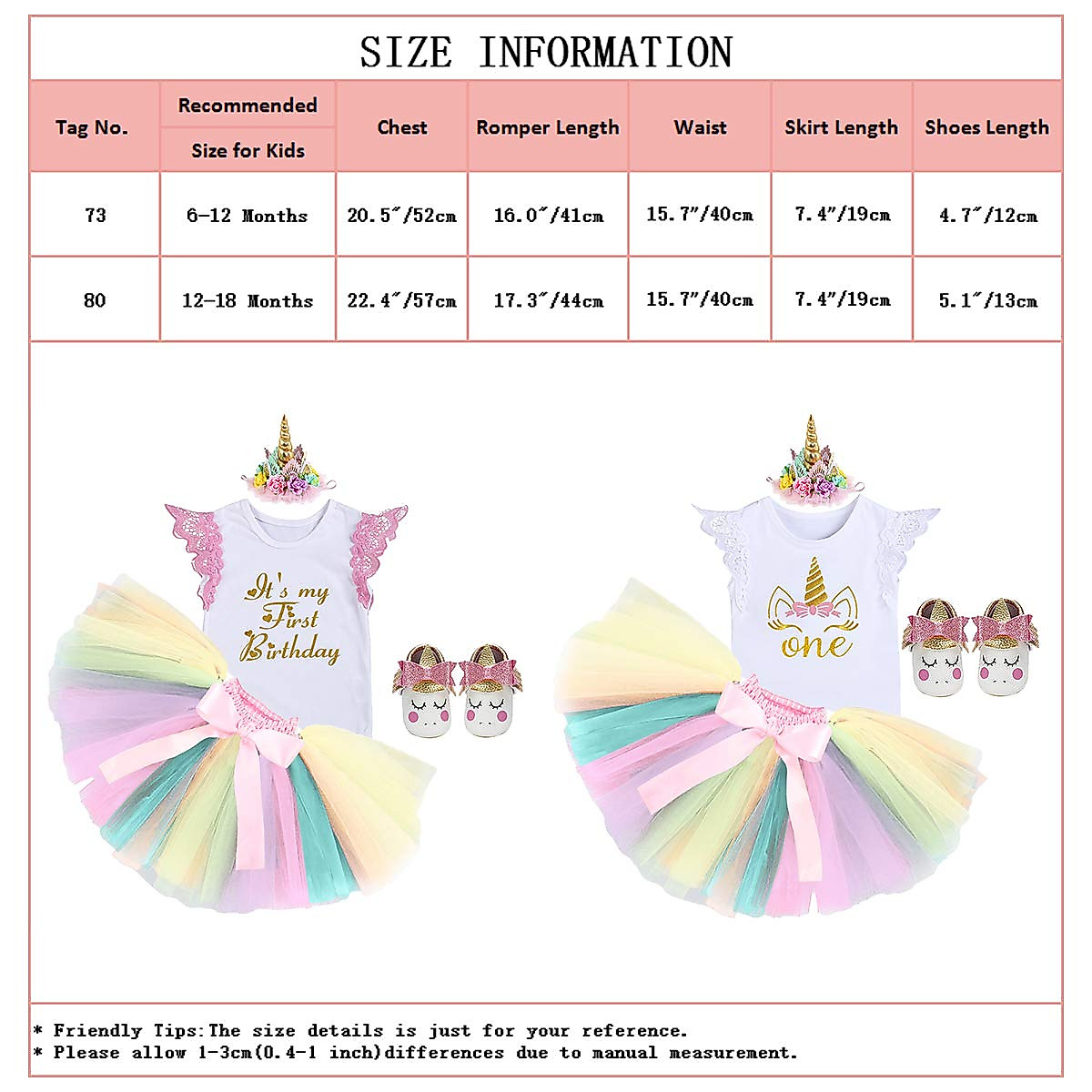 HIHCBF Baby Girls Princess First Birthday Cake Smash Unicorn Outfits Romper Rainbow Tutu Skirt Unicorn Headband Shoes