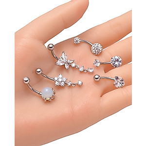 Ofeiyaa 9Pcs 14G Dangle Belly Button Rings Skull Butterfly Heart CZ Navel Rings Barbell Body Piercing Jewelry for Women