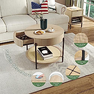Yechen Round Coffee Table with Natural Rattan Woven Shelf and One Drawer, Boho Coffee Table, Rattan Coffee Table, Coffee Tables for Living Room, Metal Legs, Nature