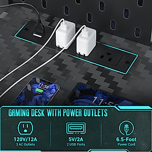 Besiost Small Gaming Desk with Hutch and LED Lights, Gaming Computer Desk with Power Outlets, Gamer Desk with Storage Shelves, PC Gaming Desk with Pegboards for Bedroom Small Spaces, Black, 43"