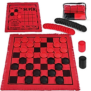 Giant Checkers Board Games, 3 in 1 Tic Tac Toe Board Game with 24 Checker Pieces Reversible Rug - Indoor and Outdoor Games for Family & Party -Gift Ideas for Teen Boys, Kids, Adults