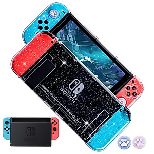 FANPL Glitter Clear Case for Nintendo Switch, TPU Silicone Soft Shell Dockable Protective Case Cover for Switch and Joy Con Controller with 2 Bling Thumb Grips (Transparent)