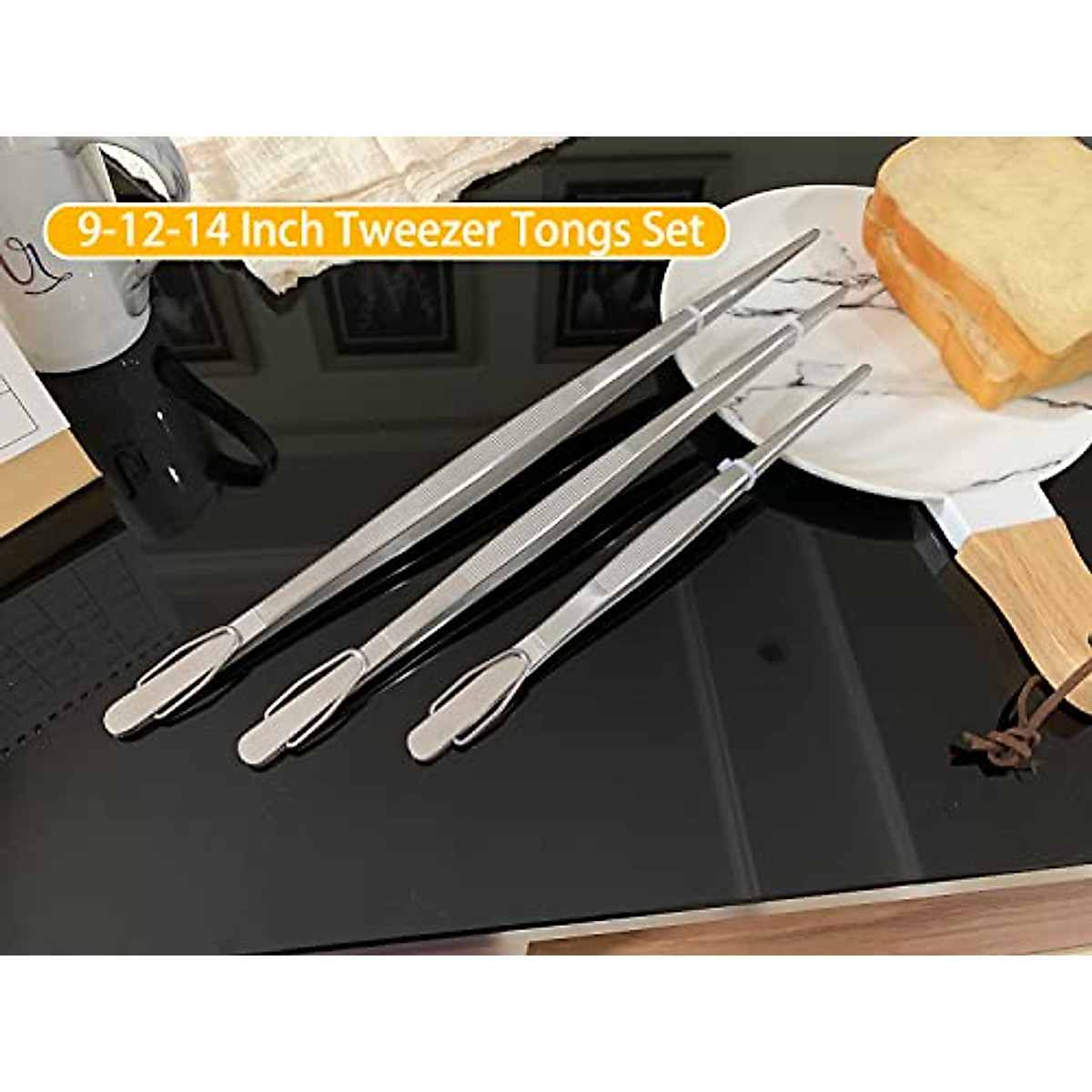 JETKONG Extra Long Kitchen Tweezers Heavy Duty Stainless Steel Cooking Tweezers, Set of 3 (9 12 14 Inch, Silver)