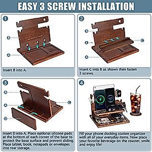 Solid Wood Phone Docking Station for up to 3 Phones - Nightstand Organizer for Men & Women Holds Multiple Phones, Tablets, Apple Watch & More - Neatly Stores Keys, Rings, Glasses & EDC, Brown
