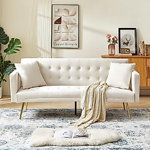 AnwickNomo Modern Velvet Futon Sofa Bed with 4 Golden Metal Legs and 2 Pillows, Convertible 3 Adjustable Loveseat Couch for Living Room Home Office Bedroom (Beige)