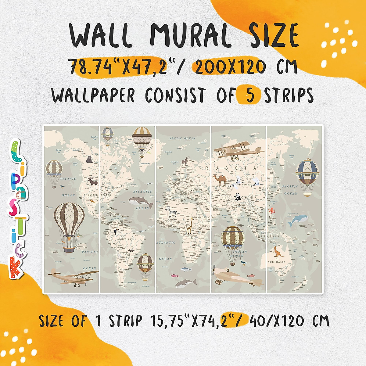 Kids Wallpaper World Map with Animals Wall Mural Removable Peel and Stick Wall Murals for Girls Boys Kids Waterproof Wallpaper Room Bedroom Living Room Self Adhesive Mural Wallpaper Size 78.74x47.24in