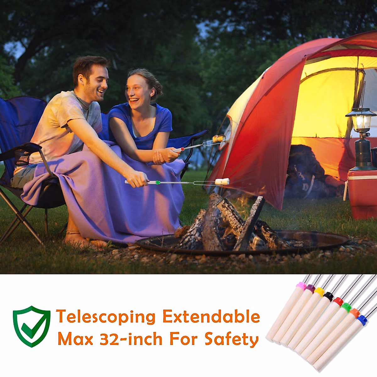 Marshmallow Roasting Sticks, Smores Skewers for Fire Pit, with Wooden Handle, Stainless Steel Telescoping Roasting Sticks, 32” Extendable Smores Sticks for Fire Pit, Campfire and Sausage BBQ Set of 6